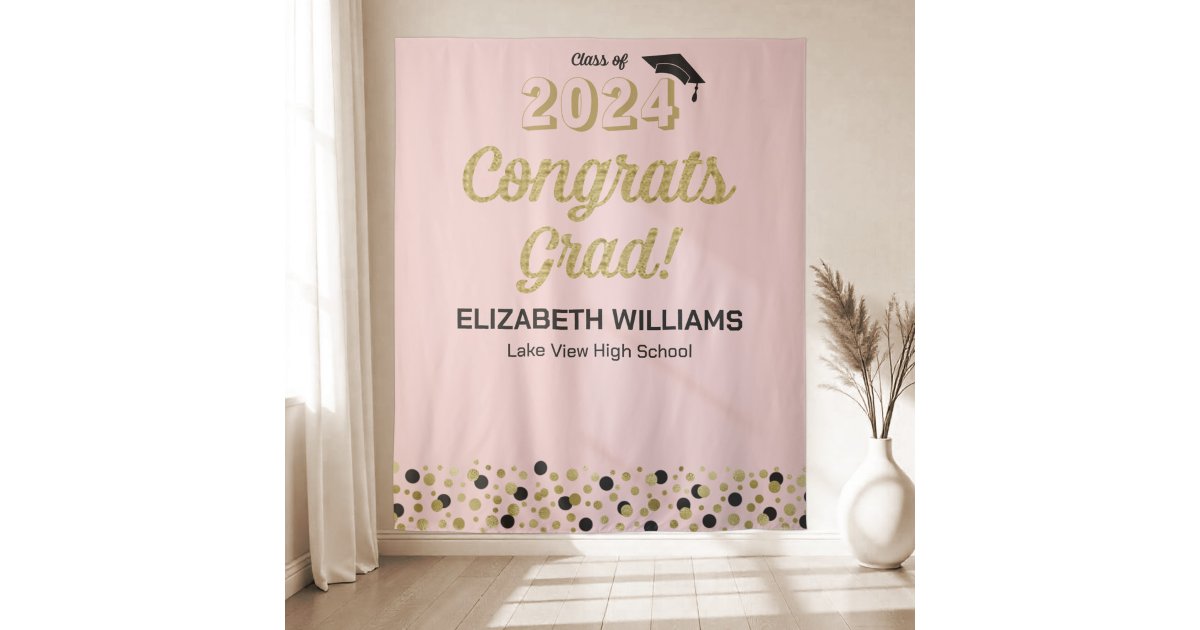 Gold Script Confetti Congrats Grad Pink Backdrop | Zazzle