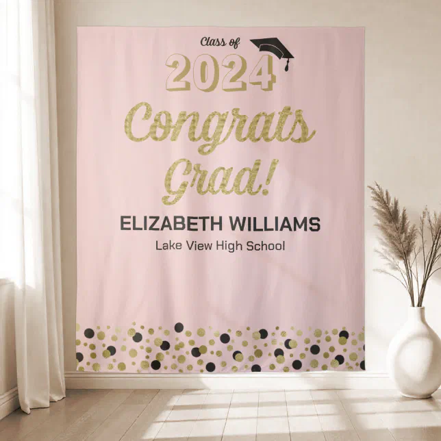 Gold Script Confetti Congrats Grad Pink Backdrop | Zazzle