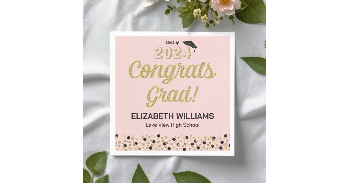 Gold Script Confetti Congrats Grad Pink Napkin | Zazzle