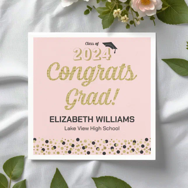 Gold Script Confetti Congrats Grad Pink Napkin | Zazzle