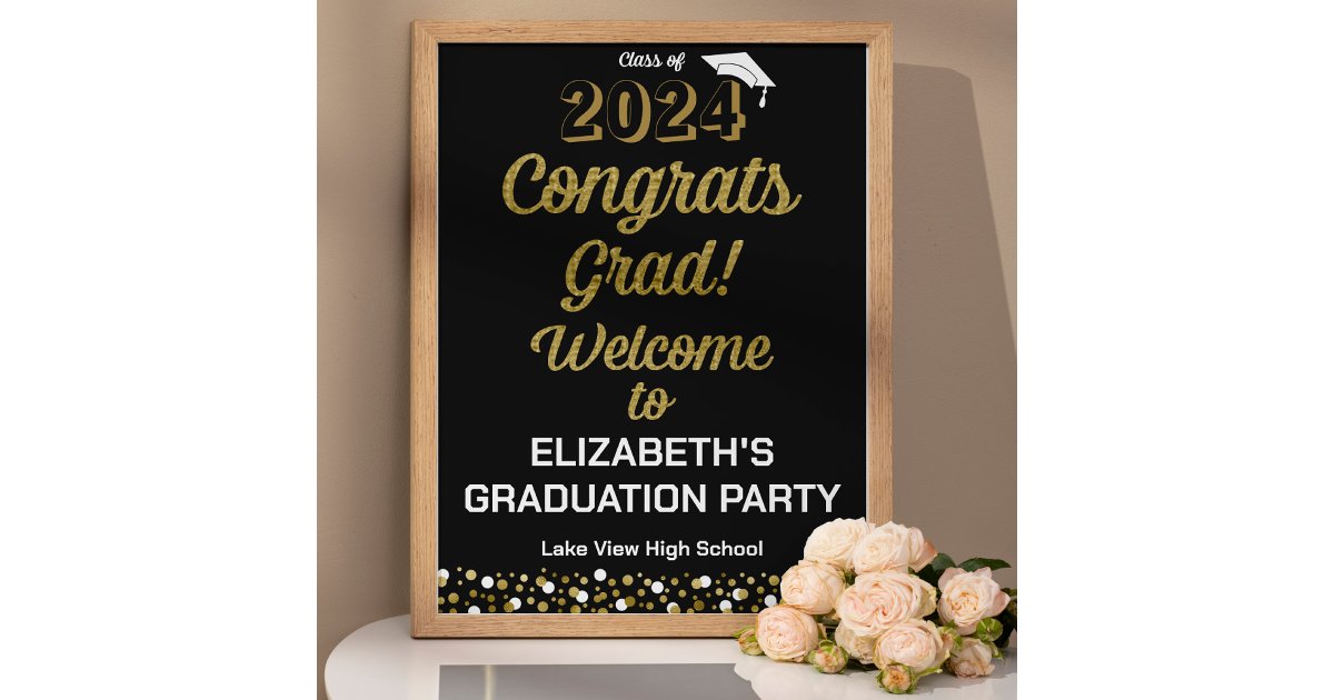 Gold Script Congrats Grad Black Welcome Sign | Zazzle