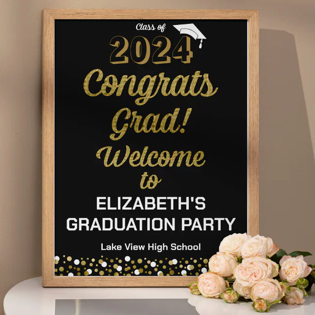 Gold Script Congrats Grad Black Welcome Sign | Zazzle