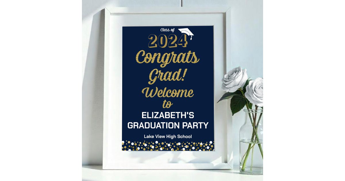 Gold Script Congrats Grad Blue Welcome Sign | Zazzle