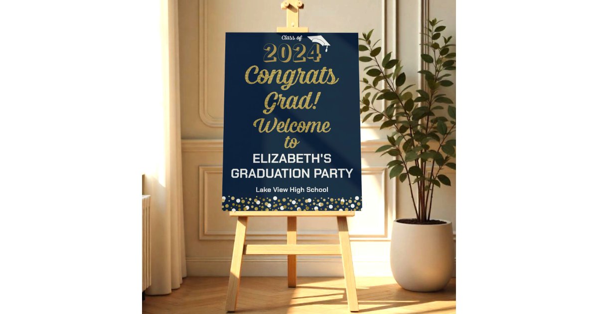 Gold Script Congrats Grad Blue Welcome Sign | Zazzle