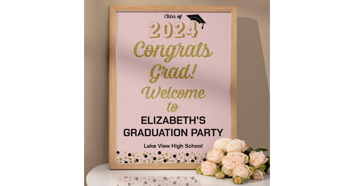Gold Script Congrats Grad Pink Welcome Sign | Zazzle