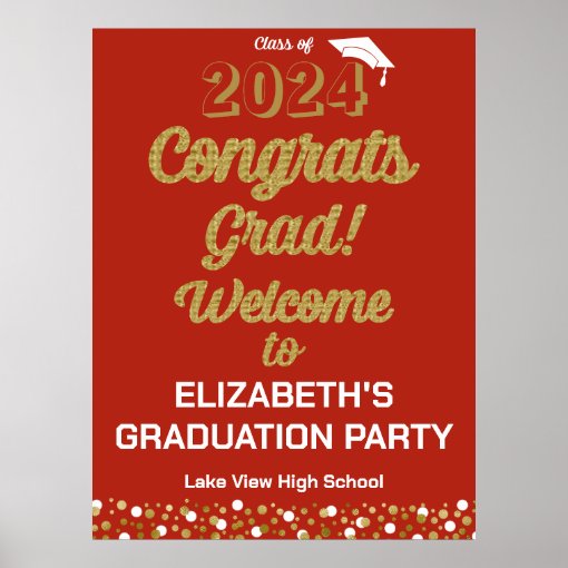 Gold Script Congrats Grad Red Welcome Sign | Zazzle