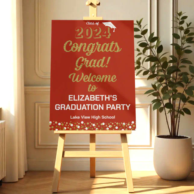 Gold Script Congrats Grad Red Welcome Sign | Zazzle