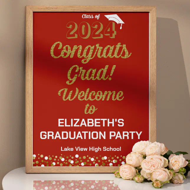Gold Script Congrats Grad Red Welcome Sign | Zazzle