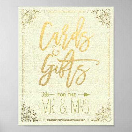 Gold Script Floral Frame Cards Gifts Wedding Sign | Zazzle
