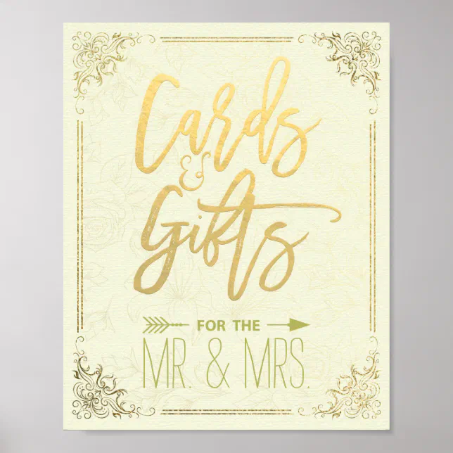 Gold Script Floral Frame Cards Gifts Wedding Sign | Zazzle