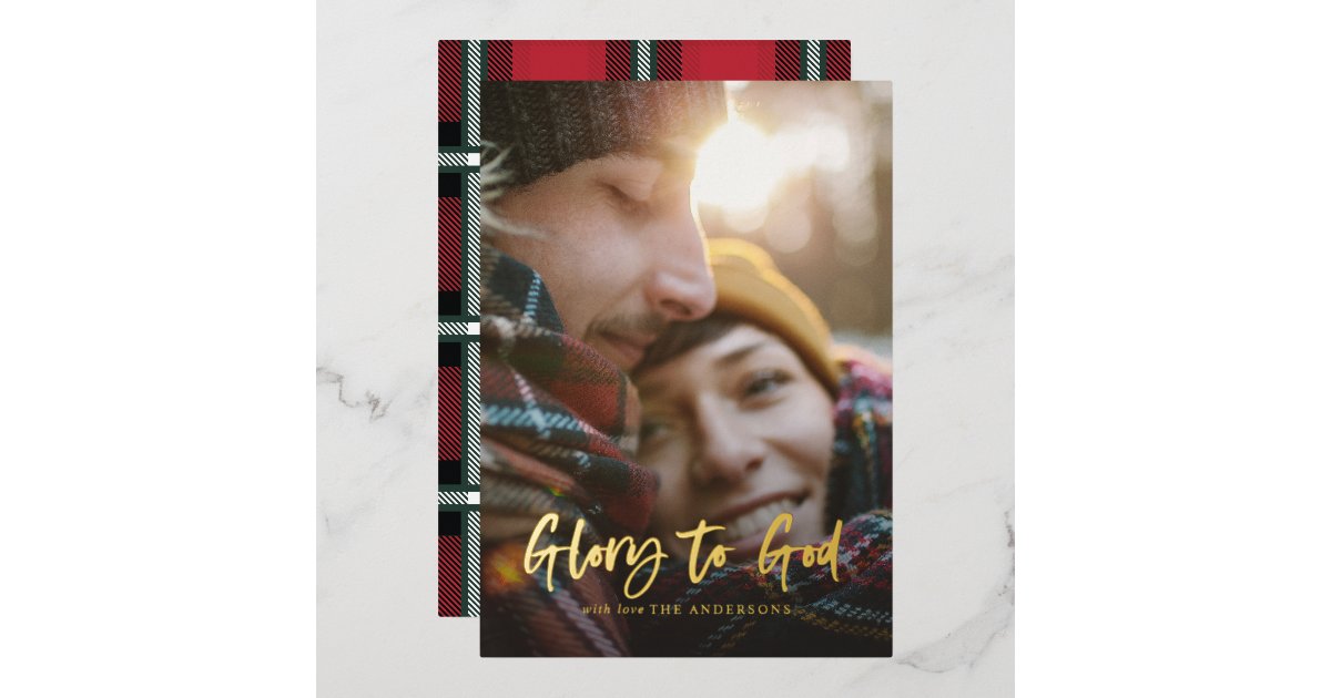 Gold script glory to god red tartan photo foil holiday card | Zazzle