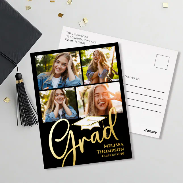 Gold Script Graduation Photo Collage Invitation | Zazzle