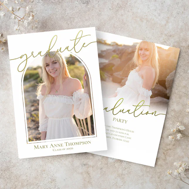 Gold Script Graduation Photo Party Invitation | Zazzle