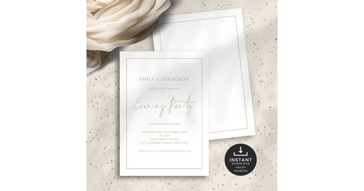 Gold Script Line Border wedding Evening Party Invitation | Zazzle