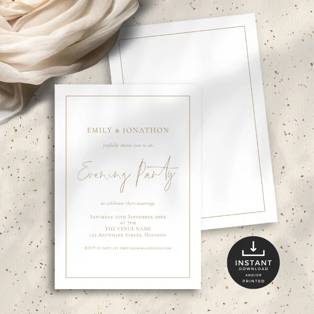 Gold Script Line Border wedding Evening Party Invitation | Zazzle