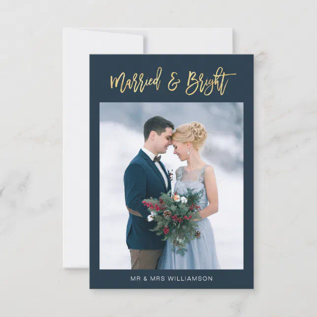 gold script married & bright wedding announcement | Zazzle