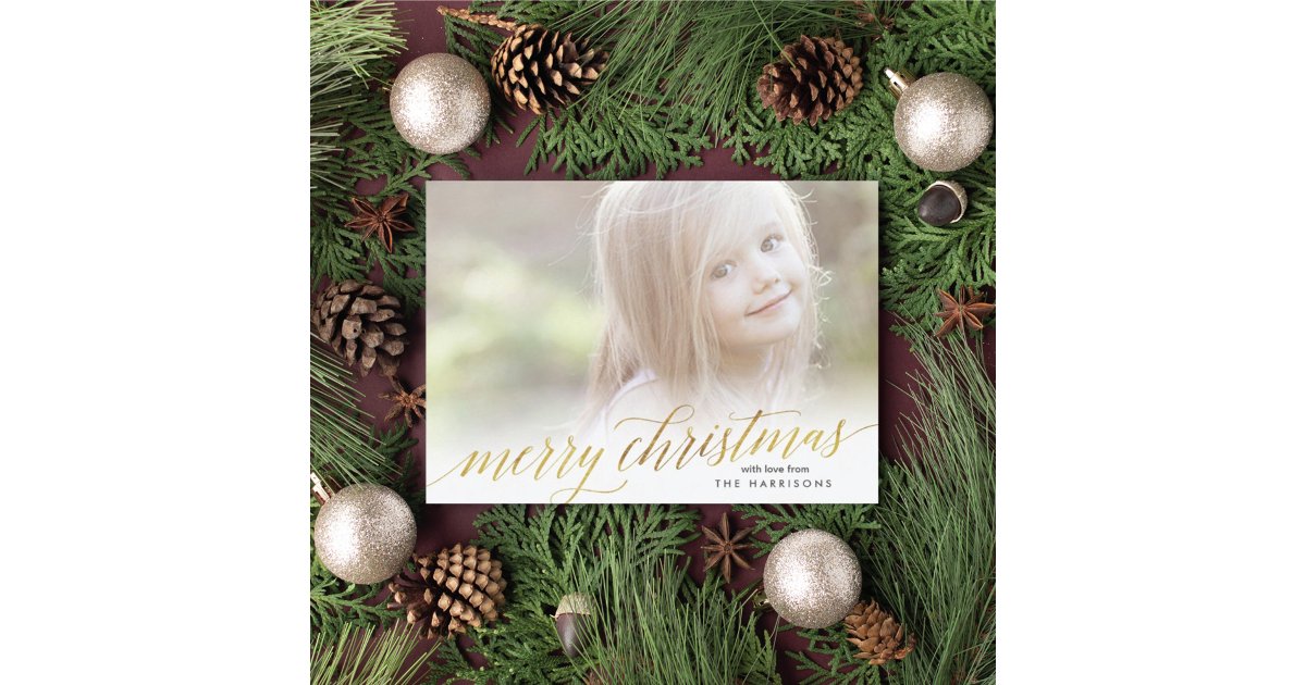 Gold Script Merry Christmas Card in Faux Foil | Zazzle