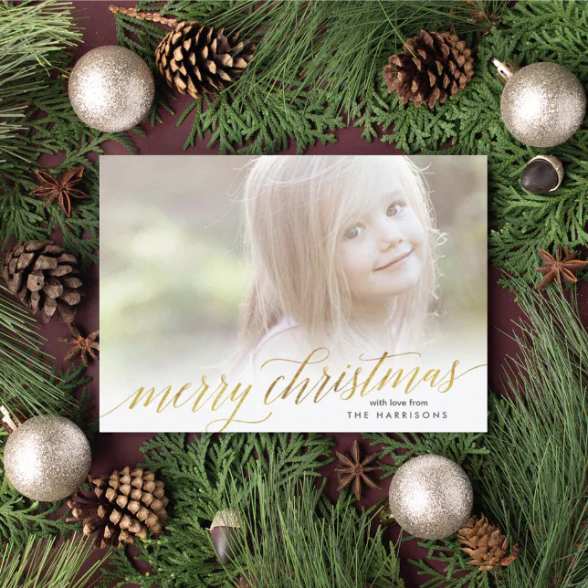 Gold Script Merry Christmas Card in Faux Foil | Zazzle