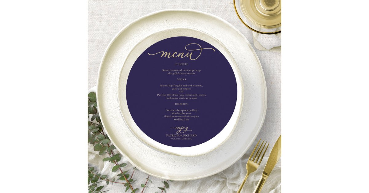 Gold Script Navy Blue Circle Menu Card For Plate | Zazzle