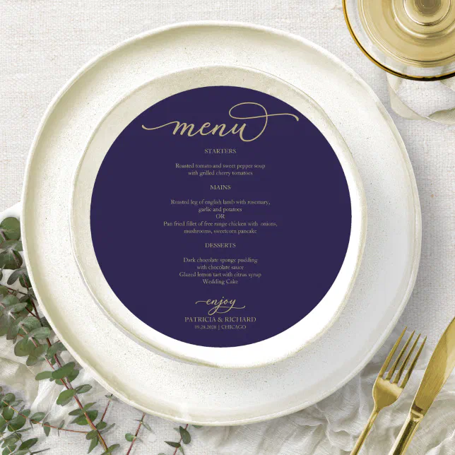 Gold Script Navy Blue Circle Menu Card For Plate | Zazzle