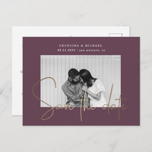 gold script one photo save the date postcard | Zazzle