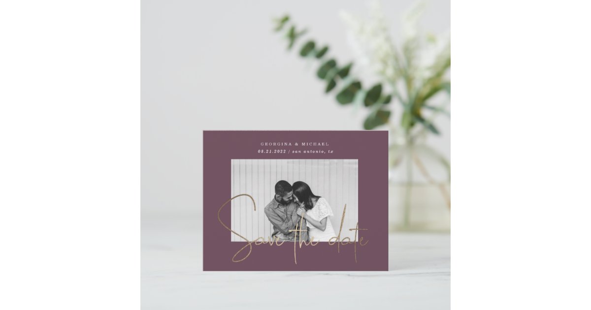 gold script one photo save the date postcard | Zazzle