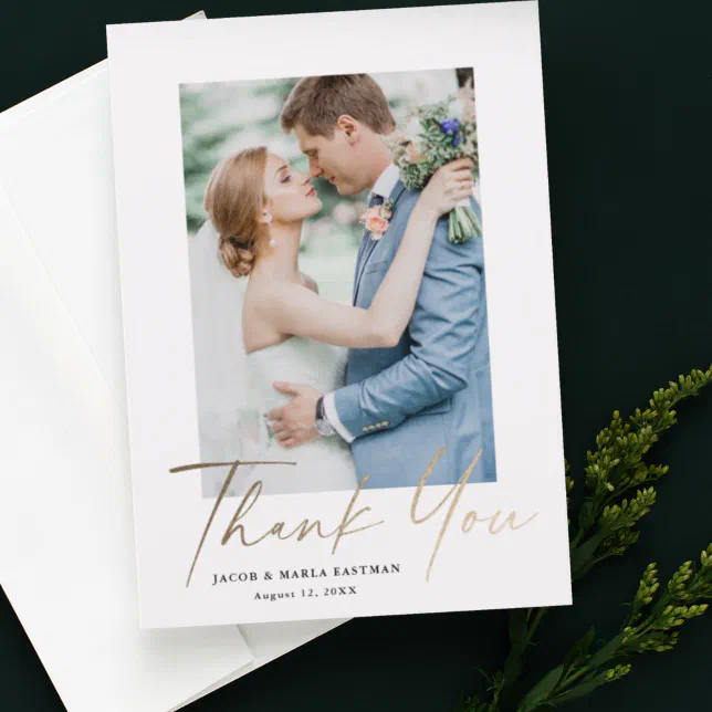 Gold Script Photo Wedding Thank You Card | Zazzle