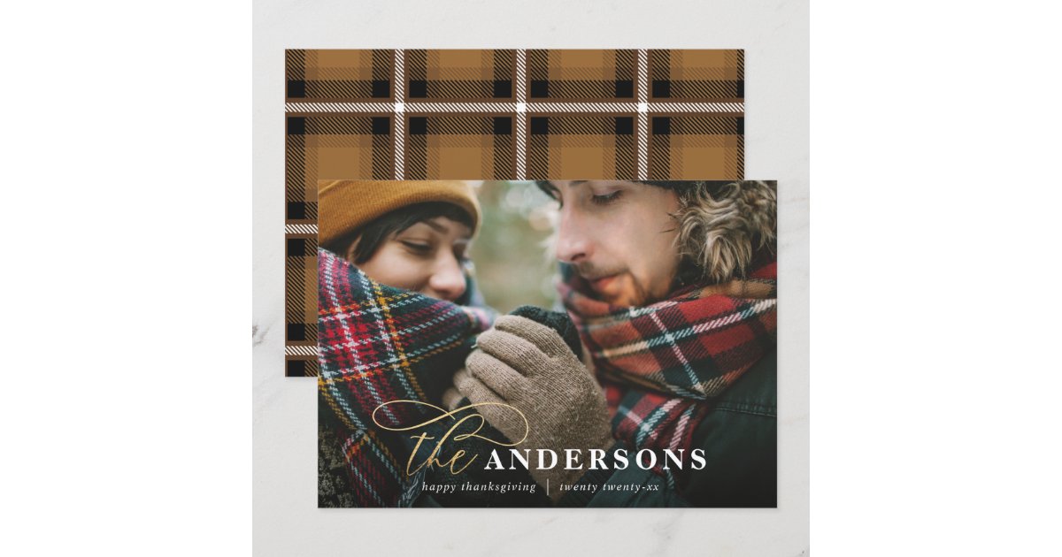 Gold script plaid backer 1 photo thanksgiving holiday card | Zazzle