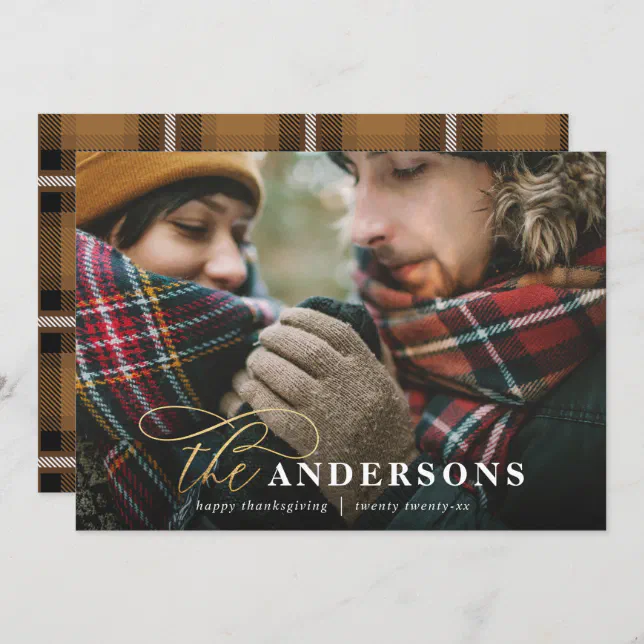 Gold script plaid backer 1 photo thanksgiving holiday card | Zazzle