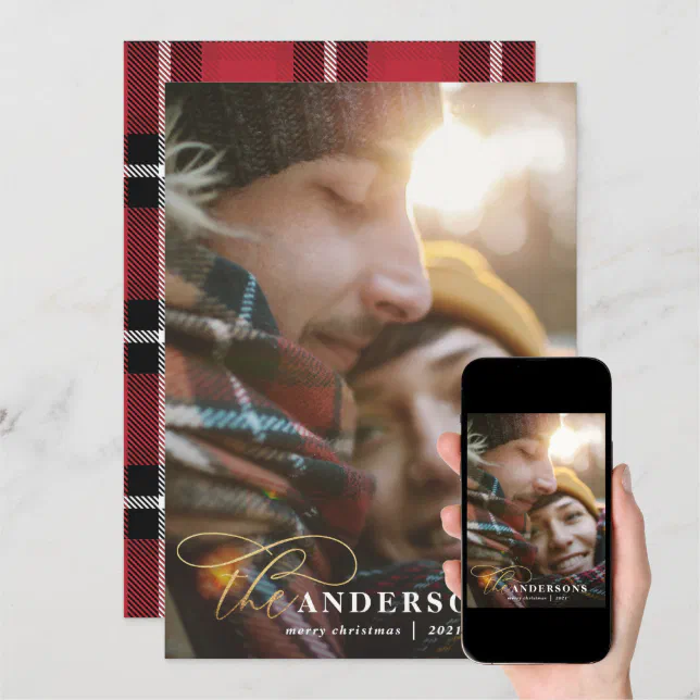 Gold script red plaid backer 1 photo Christmas Holiday Card | Zazzle