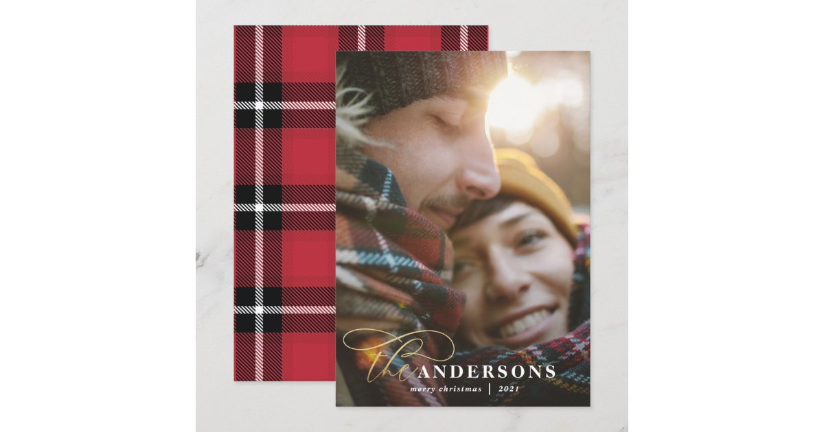 Gold script red plaid backer 1 photo Christmas Holiday Card | Zazzle