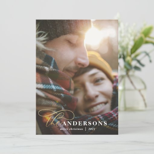 Gold script red plaid backer 1 photo Christmas Holiday Card | Zazzle