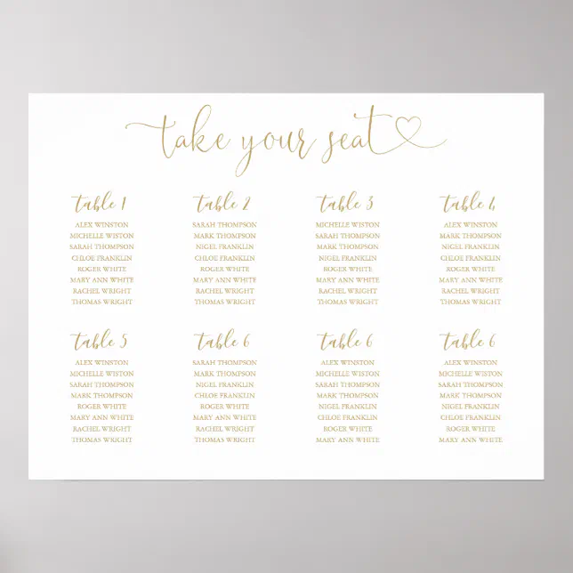Gold Script Seating Chart Table Number Sign | Zazzle