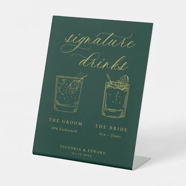 Gold Script Signature Drinks Emerald Wedding Pedestal Sign | Zazzle