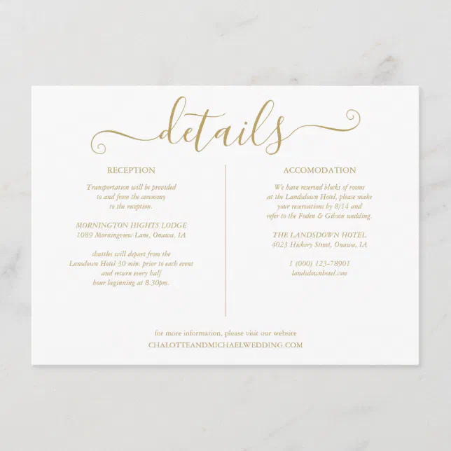 Gold Script Wedding Details Information Enclosure Card | Zazzle