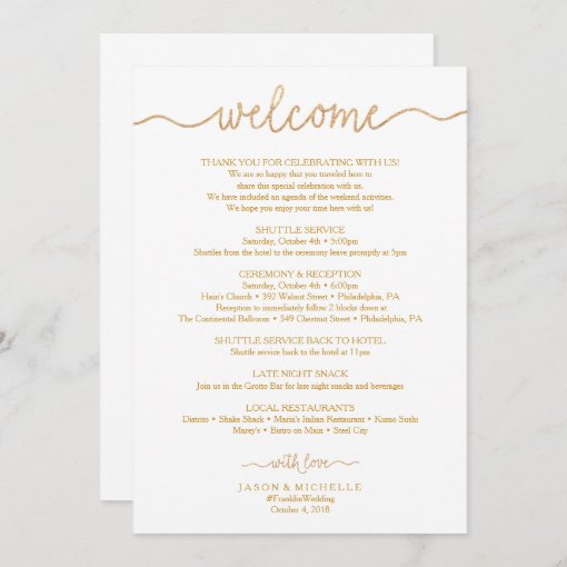 Gold Script Wedding Itinerary - Wedding Welcome Program | Zazzle