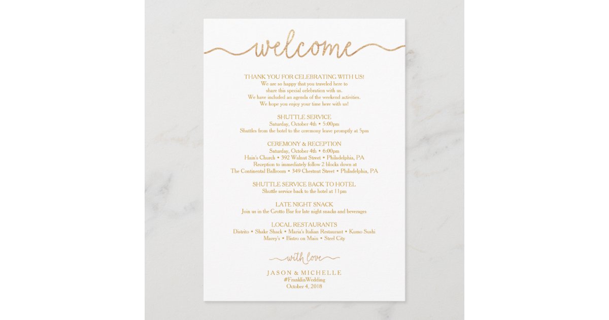 Gold Script Wedding Itinerary - Wedding Welcome Program | Zazzle