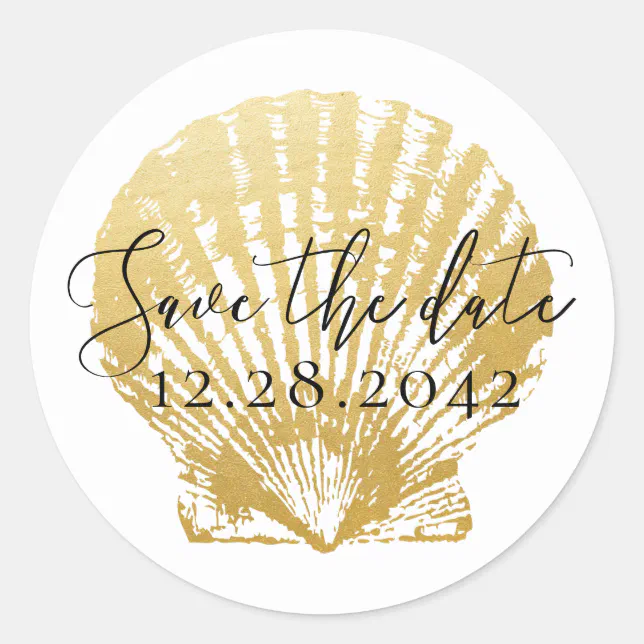 Gold Seashell Beach Wedding Save the Date Classic Round Sticker | Zazzle