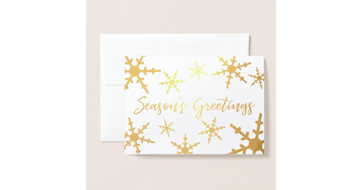 Gold Season's Greetings Script Snowflakes Foil Card | Zazzle