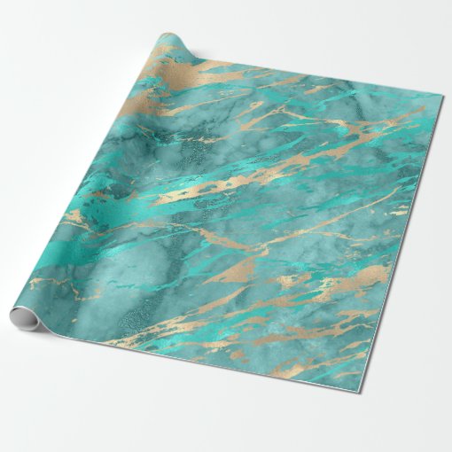 Gold Sepia Aqua Marble Sone Metallic Strokes Wrapping Paper | Zazzle