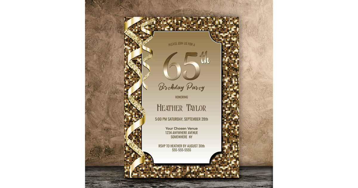 Gold Sequins 65th Birthday Party Invitation | Zazzle