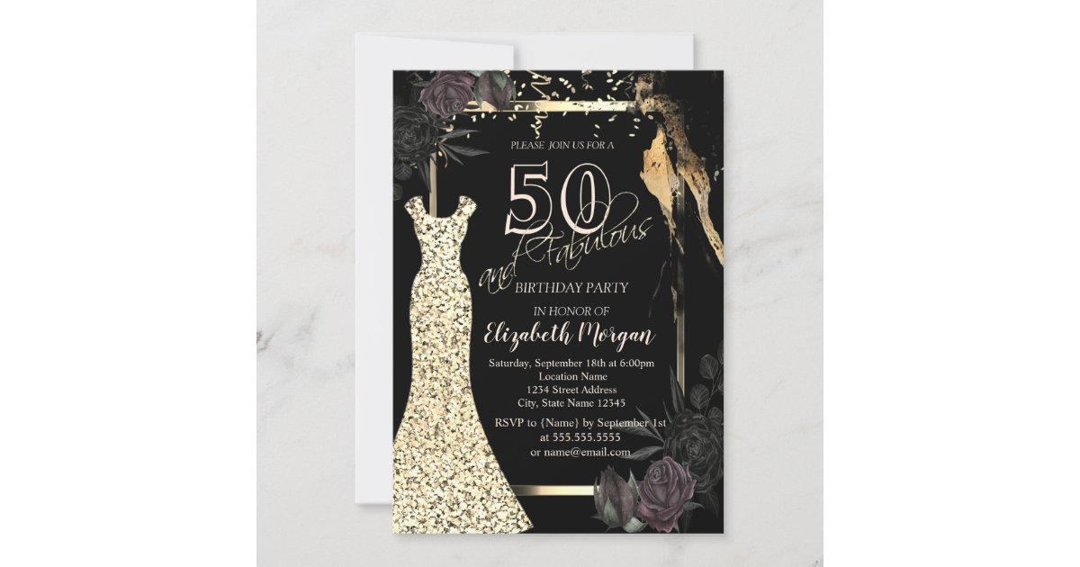 Gold Sequins Dress Dark Roses 50th Birthday Invitation | Zazzle
