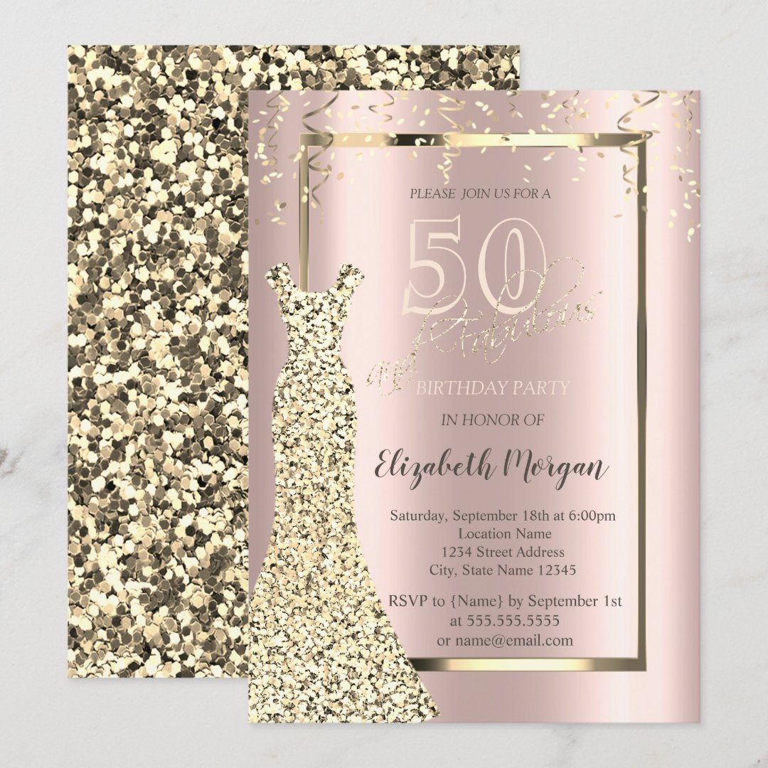 Gold Sequins Dress Rose Gold 50th Birthday Invitation | Zazzle
