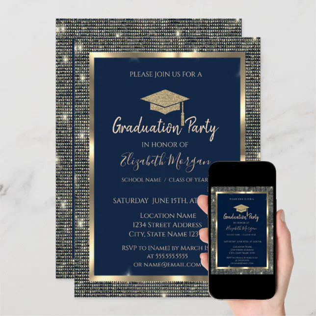 Gold Sequins Graduation Cap Navy Blue Graduation Invitation | Zazzle