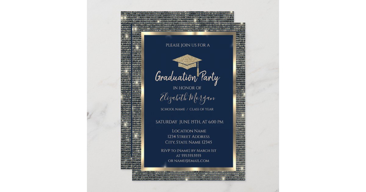 Gold Sequins Graduation Cap Navy Blue Graduation Invitation | Zazzle