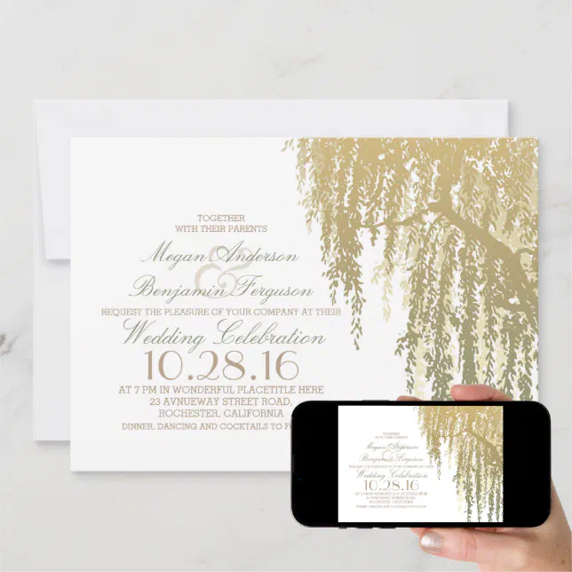 Gold Shades Willow Tree Elegant Wedding Invitation | Zazzle