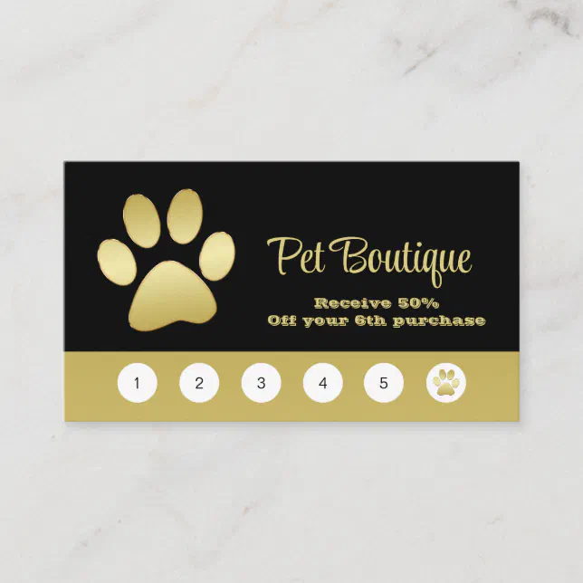 Gold Shiny Dog Paw on black Pet Grooming Service Loyalty Card | Zazzle