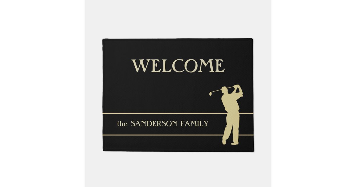 Gold Silhouette Golfer Welcome Doormat | Zazzle