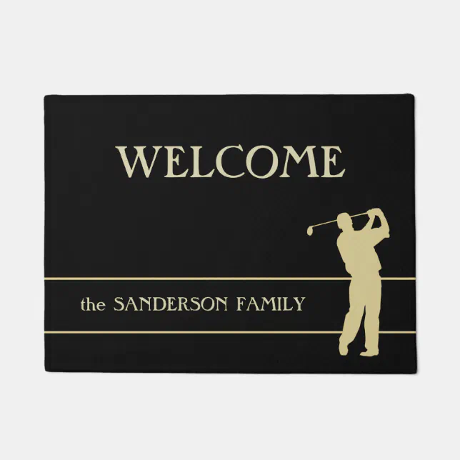 Gold Silhouette Golfer Welcome Doormat | Zazzle