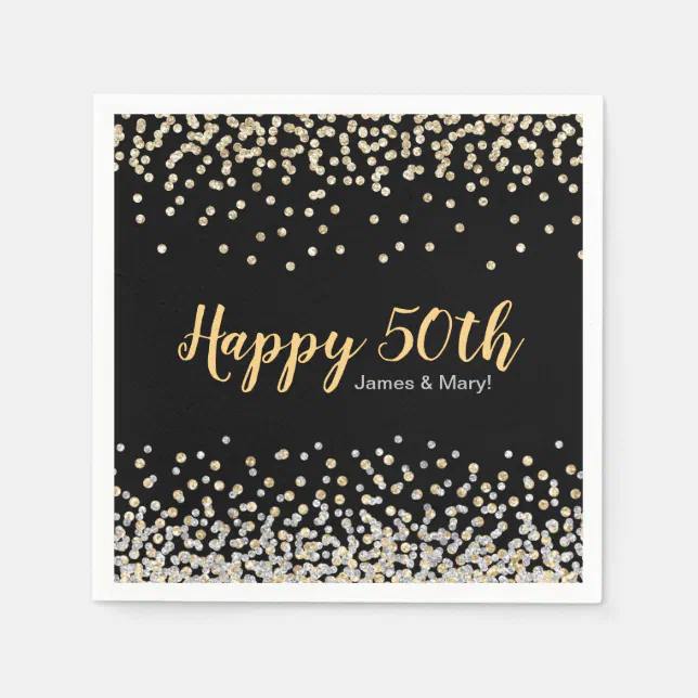Gold Silver Confetti Custom 50th Anniversary Party Napkins | Zazzle